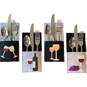 Wine Tasting Party Silverware Holders - 8 Pack Made of Sturdy, Colorful Felt with Fun Wine Bottle, Glass and Grape Images. Terrific for Entertaining or Book Club Hostess or House Warming Gift