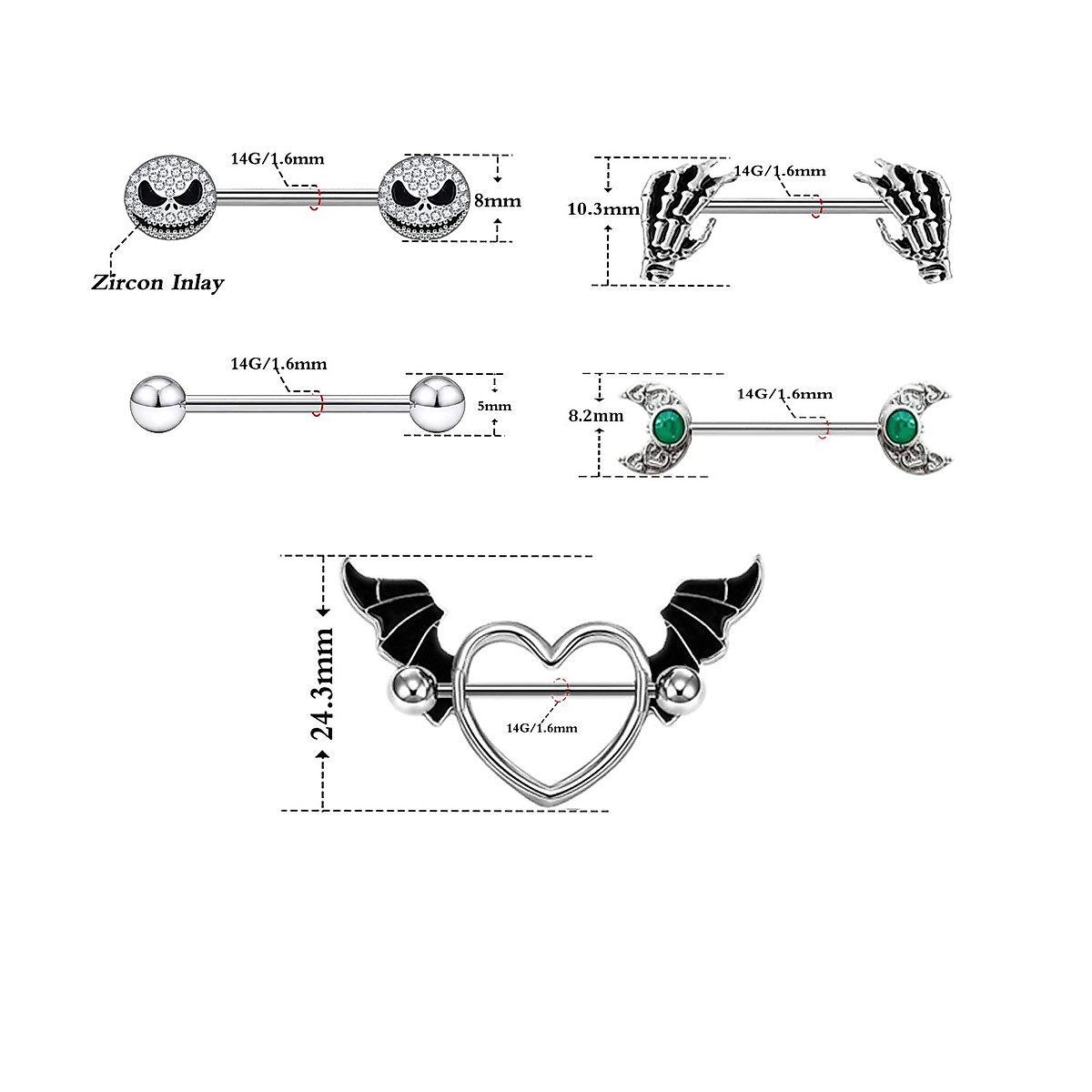 FLOGWE 14G 316L Devil Heart Nipple Rings Halloween Stainless Steel Skull Bat Nipple Barbells Body Pierced Jewelry for Women Men
