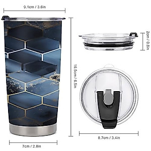 FHENMSA Reusable Plastic Water Cups with Lids,Blue Hexagons And Diamonds Print Anti-overflow Cup,sports Travel Coffee Cup