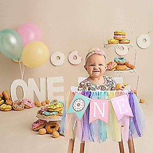 Donut 1 to 2 Years Old Birthday Banner - Donut Theme Birthday High Chair Banner, a Soft Rainbow Ribbon Tutu Group, Sweet Days, Leaving a Wonderful Party Time, Perfect Party Decoration. (Donut 1)