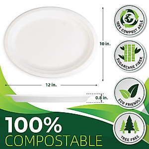 BIRCHIO 100PCS 100% Compostable White Oval Paper Plates(12in), Heavy Duty Disposable Plates, Eco-Friendly Dinner Plates, Biodegradable Salad, Meal, Dessert Plates, Perfect for Parties, Picnic, BBQ