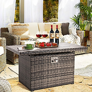 oneinmil 44" Outdoor Fire Pit Table, CSA Certification 50,000 BTU Propan Fire Pit Table with Auto-Ignition, Patio Wicker Firepit with Oxford Cover, Grey