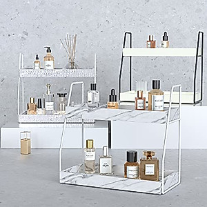 ZGO 2-Tier Bathroom Organizer Countertop, Marble Faux Leather Bathroom Counter Organizer, Makeup Organizer for Vanity Organizers and Storage, Kitchen Storage Bathroom Trays for Counter(White Marble)