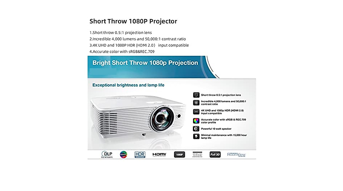 DINOY EH412ST Short Throw Projector with 1080P 3D Bright Hollywood Quality