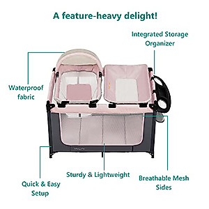 Dream On Me Emily Rose Deluxe Playard in Pink with Infant Bassinet and Changing Tray, Lightweight Portable and Convertible Playard for Baby, Breathable Mesh Sides and Soft Fabric