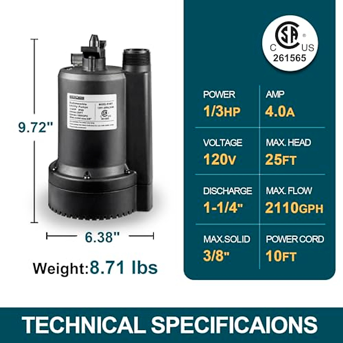 WASSERMANN 1/3HP Utility Pump 2100GPH Thermoplastic Sump Pump Submersible Water Pump with 10ft Cord, Electric Portable Water Pump for Swimming Pool Hot Tubs Garden Pond Draining Basement