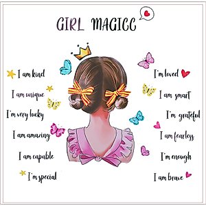 Pinenjoy Girl Magic I am Kind Inspirational Wall Decals Pink Princess Butterfly Wall Sticker Motivational Saying Postive Words Wall Decors for DIY Nursery Baby Kids Bedroom Playroom Classroom