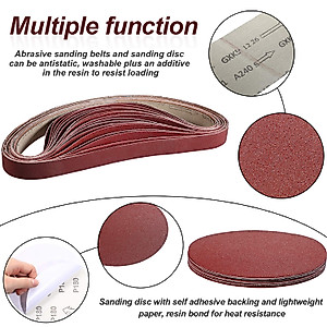 Sanding Belts Disc Grit Aluminum Oxide, 24 Pieces 1 x 30 Inch Abrasive Sanding Belt (60/80/120/150/240/400 Grits) and 24 Pieces 5 Inch Self Stick No-hole Sanding Disc (80/100/ 120/180/ 240/400 Grit