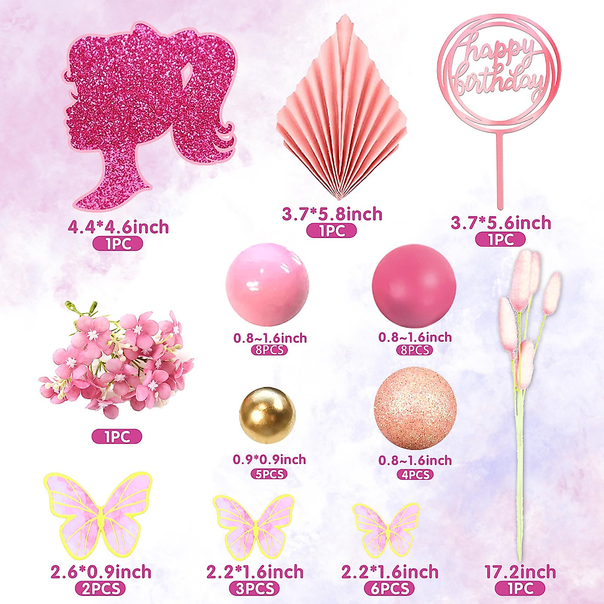 Hot Pink Girl Cake Toppers with Pink and Gold Butterfly Balls Cake Topper for Wedding Baby Shower Anniversary Girl Birthday Themed Party Supplies (Style 1)