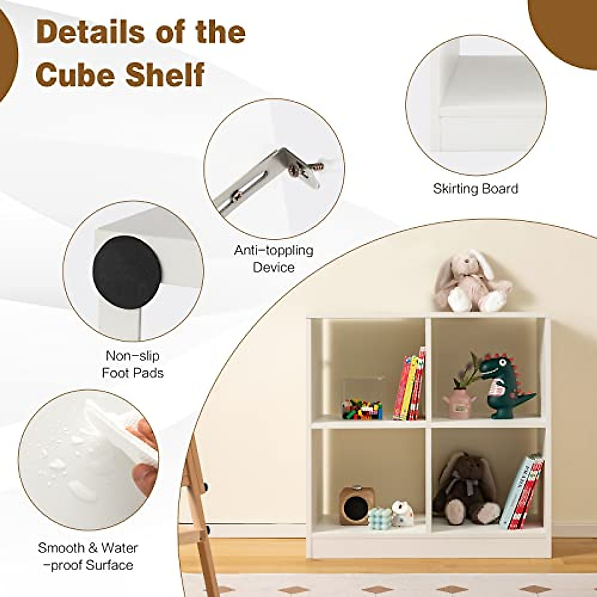 Giantex 4-Cube Bookcase White - 2-Tier Freestanding Open Bookshelf with Anti-Toppling Device, Wooden Decorative Storage Organizer, Modern Floor Display Shelf for Kid's Room Study Bedroom Living Room