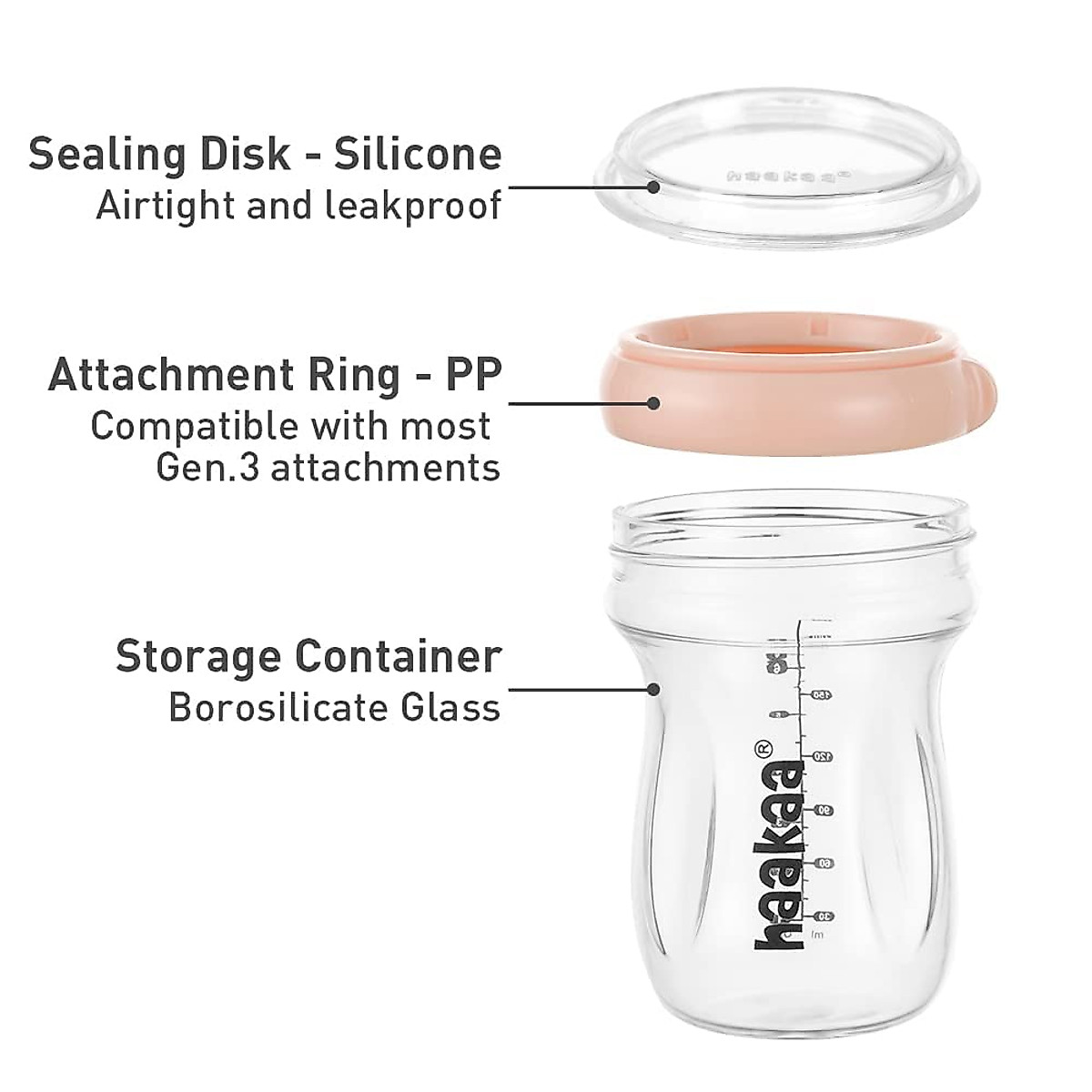 haakaa Glass Baby Food Storage Jar- Food Storage Container Airtight Lid-Wide Neck Gen.3 Baby Bottle -Leakproof BPA-Free 0m+ Newborn Babies(Peach, 6.3oz/180ml)