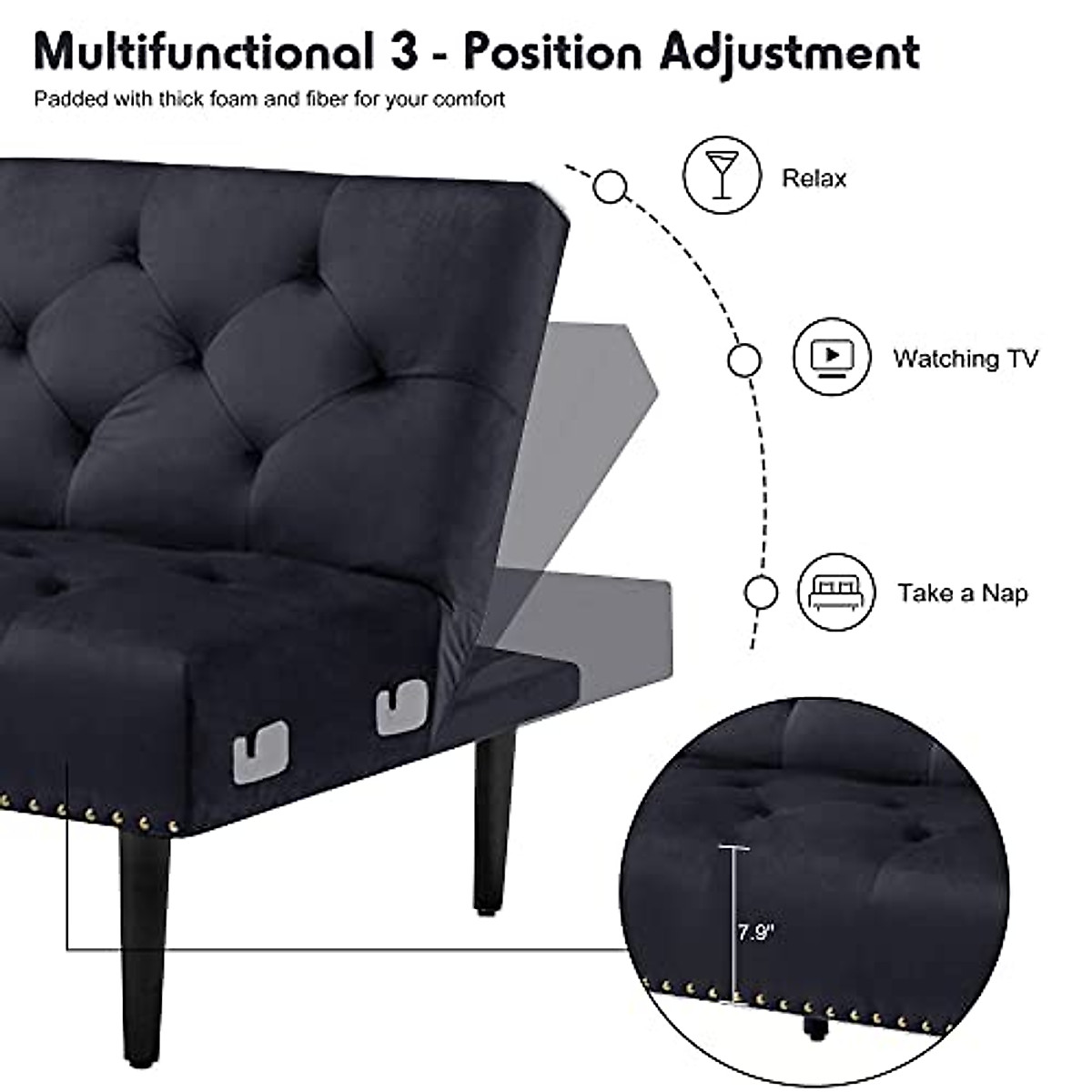 ivinta Convertible Velvet Sofa Couch, Sectional Sofa with Ottoman, Mid-Century Upholstered Comfy Sofa Bed, Queen Sleeper Sofa for 4-Seater, Modular Sofa for Living Room (Black)
