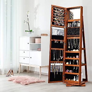 CHARMAID 360° Swivel Jewelry Armoire with Higher Full Length Mirror, Standing Lockable Jewelry Cabinet Organizer with Large Storage Capacity, Inside Makeup Mirror, Back Storage Shelves (Walnut)