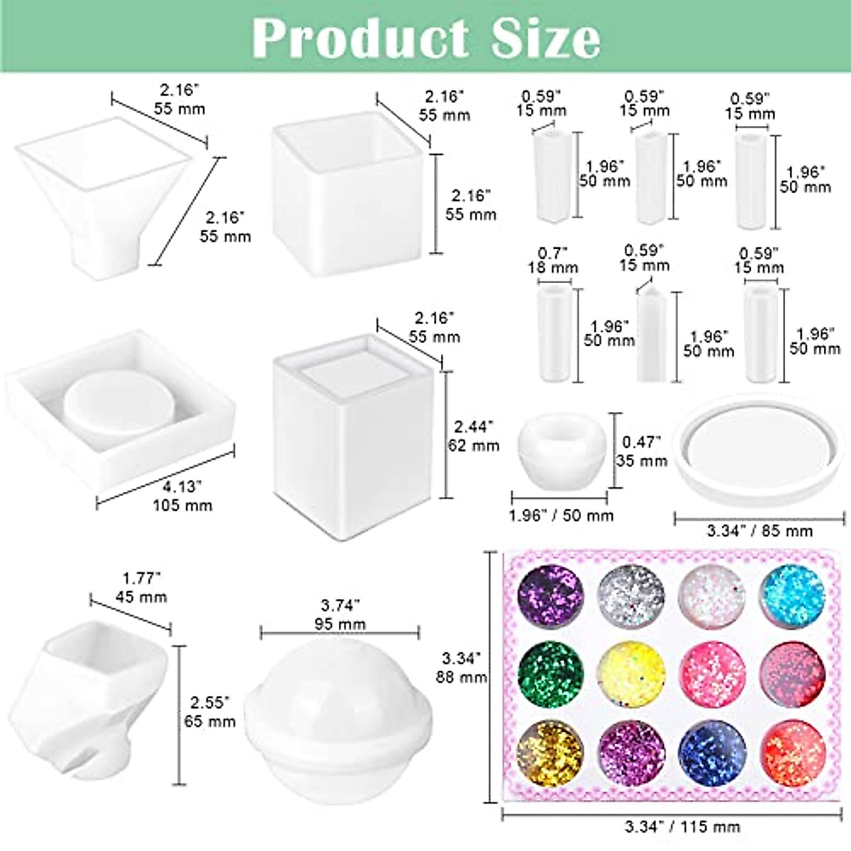 Silicone Resin Molds Kit 26PCS, Epoxy Resin Molds, Large Resin Casting Molds with 12 Glitter Sequins for UV Resin Casting, Including Sphere, Cube, Pyramid, Square, Coaster, Stone & Pendants
