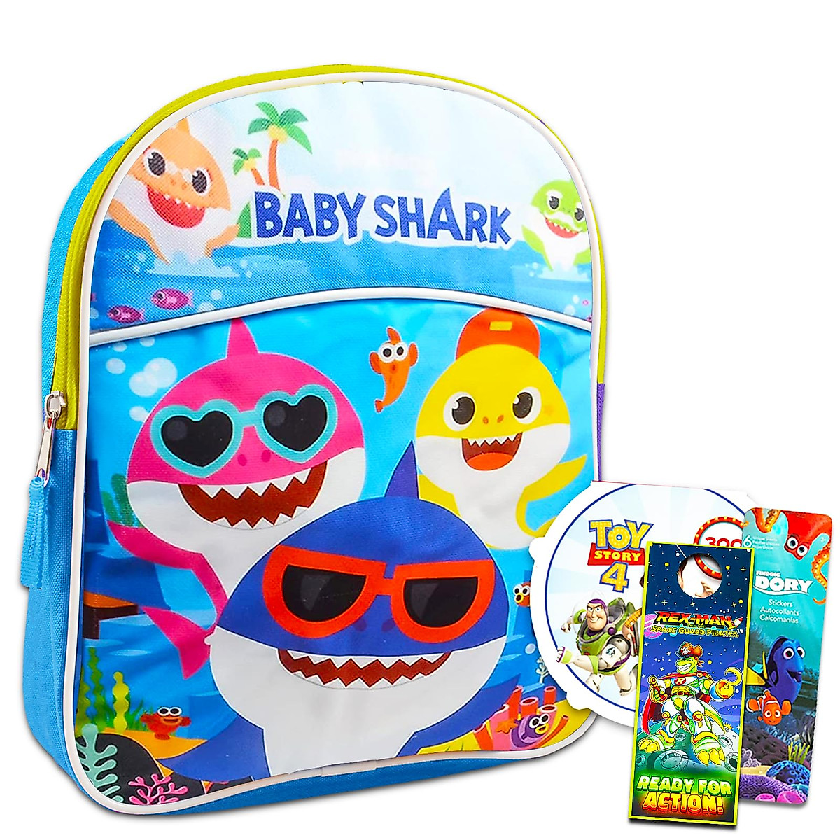 Baby Shark 11" Mini School Backpack for Kids ~ 4 Pc Bundle With Small Baby Shark School Bag, Toy Story And Finding Dory Stickers, and Door Hanger (Baby Shark School Supplies Set)