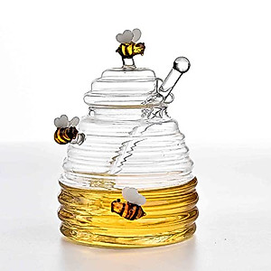 ikasus Honey Jars Honey Dish with Dipper and Lid Bee Charms Decoration Crystal Clear Large Glass Jar Honey Pot Honey Dispenser Beehive Honey Containers for Store Honey Syrup Jam Jelly Home Kitchen