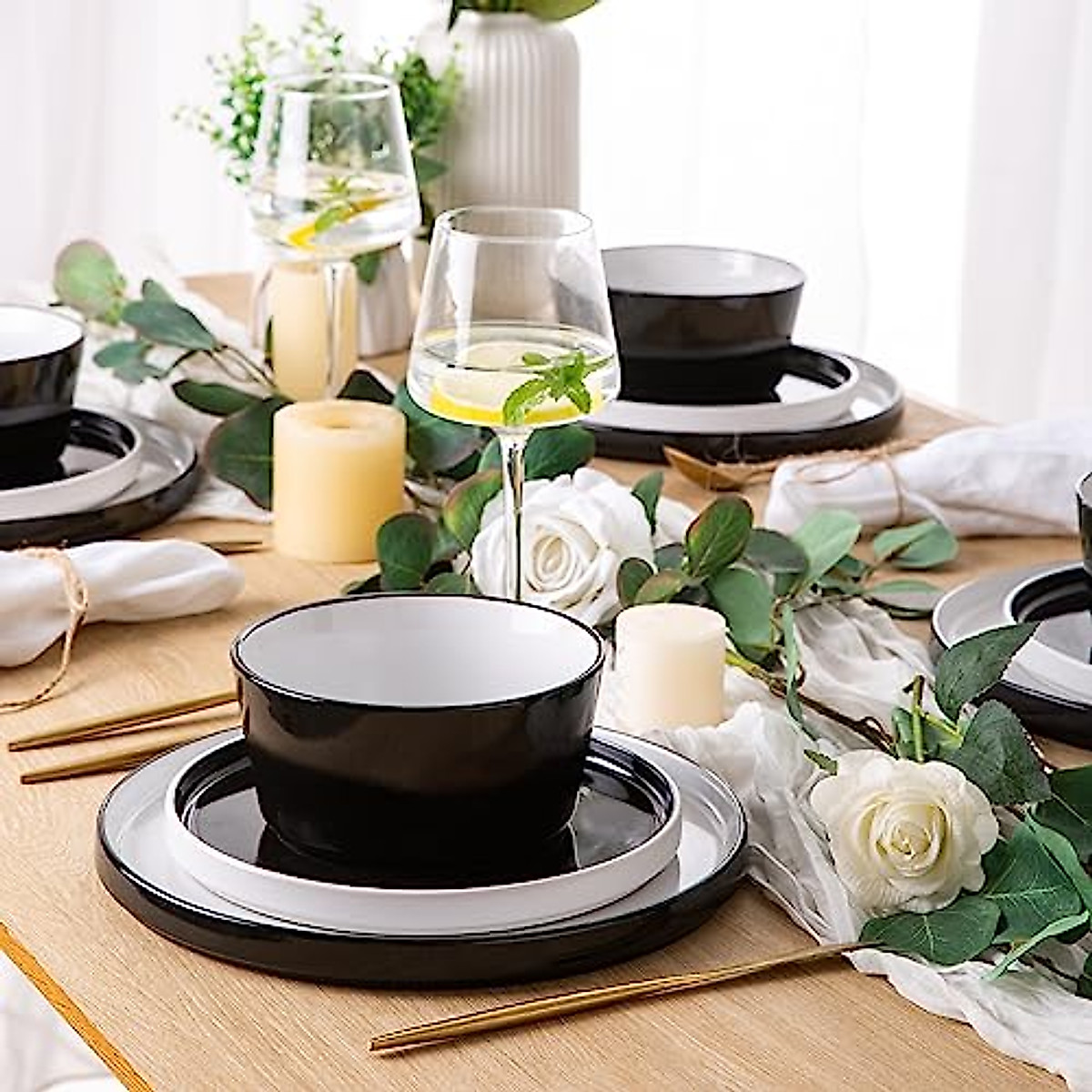 AmorArc Ceramic Dinnerware Sets for 4,12 -Piece Double Color Stoneware Plates and Bowls Set,Chip and Crack Resistant | Dishwasher & Microwave Safe Dishes Set,Service for 4 -White &Black