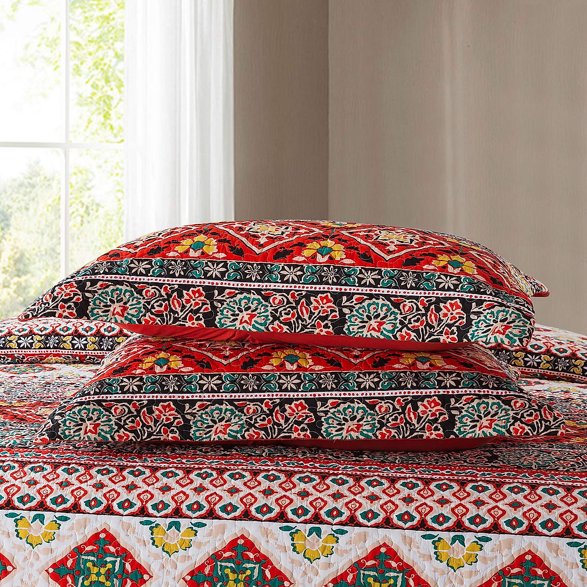 NEWLAKE Cotton Bedspread Quilt Sets-Reversible Patchwork Coverlet Set, European Boho Striped Pattern, Queen Size