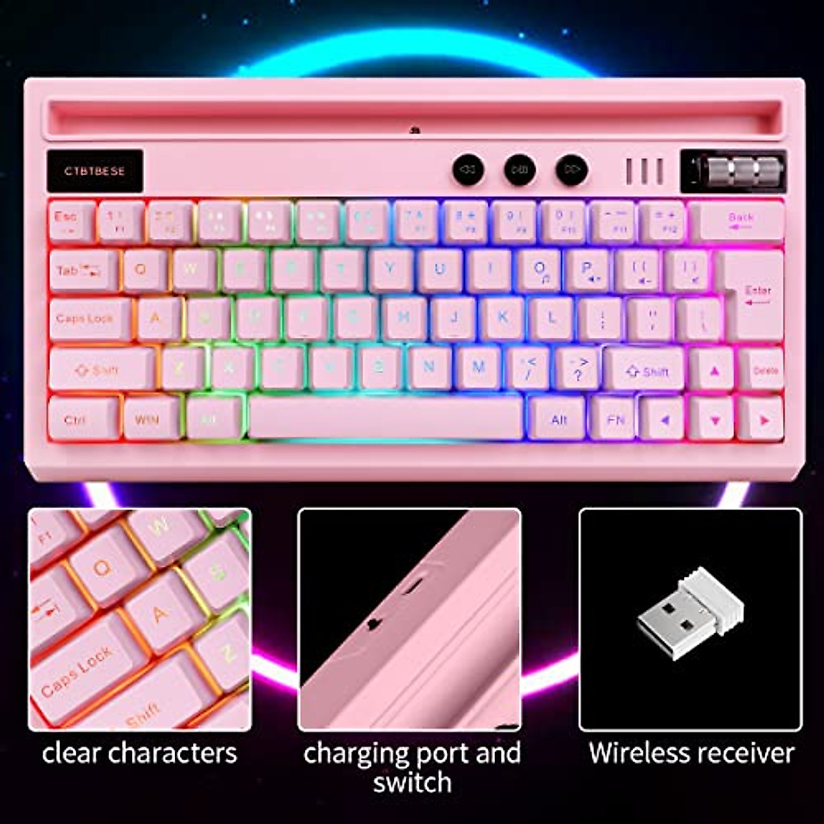 CTBTBESE Wireless RGB Backlit Gaming Keyboard, Ultra-Compact 61 Keys with Phone Stand, Waterproof for PC/Mac Gamer, Typist, Travel(Pink)…