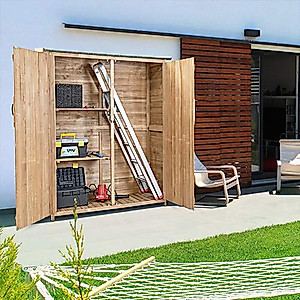 Safstar Outdoor Storage Shed with Lockable Door, Wooden Tool Storage Shed w/Detachable Shelves & Pitch Roof, Garden Storage Cabinet for Backyard Patio Deck Porch, 56”L x 20”W x 65”H, Natural