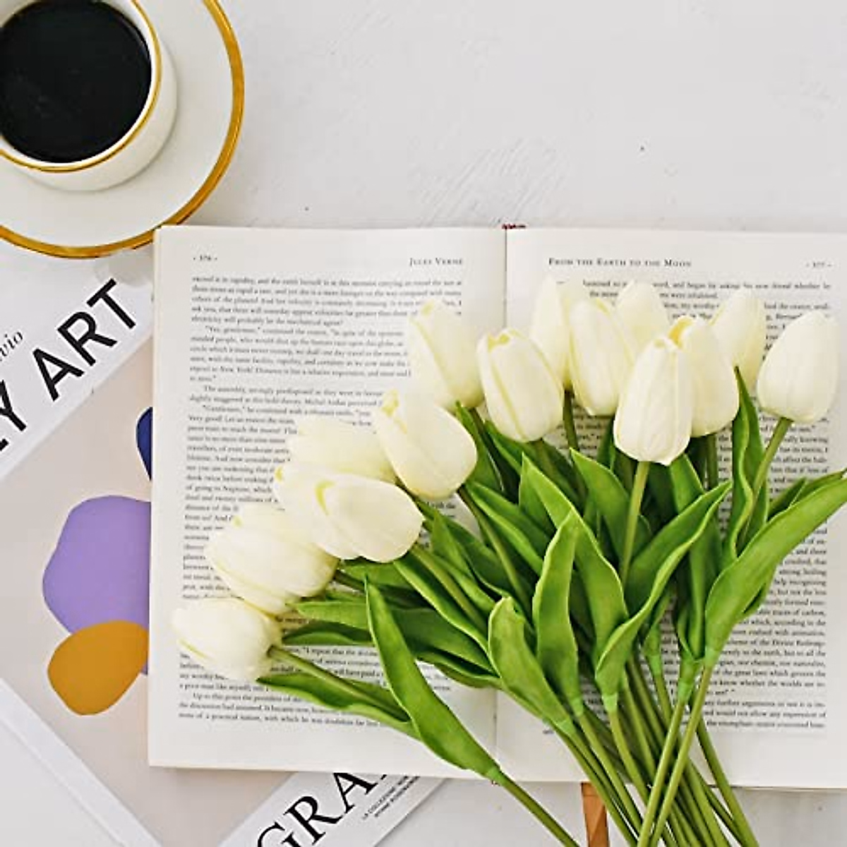 ONLY ART 20pcs Cream Artificial Tulip Flowers with Soft Latex Materials for Mother's Day Home & Kitchen Decoration