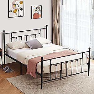 VECELO Queen Size Metal Platform Bed Frame with Headboard and Footboard, Heavy Duty Slat Support/No Box Spring Needed Mattress Foundation/Underbed Storage Space, Victorian Style, Black