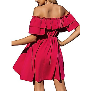 WDIRARA Women's Off Shoulder Frill Trim Short Sleeve Tie Front Flare Dress Red L