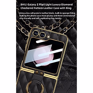 BAILI Galaxy Z Flip5 Leather Case,Galaxy Z Flip 5 Case with Ring and Built-in Small Screen Protective Film,Light Luxury Diamond Checkered Pattern Samsung Galaxy Z Flip5 Leather Case-Red