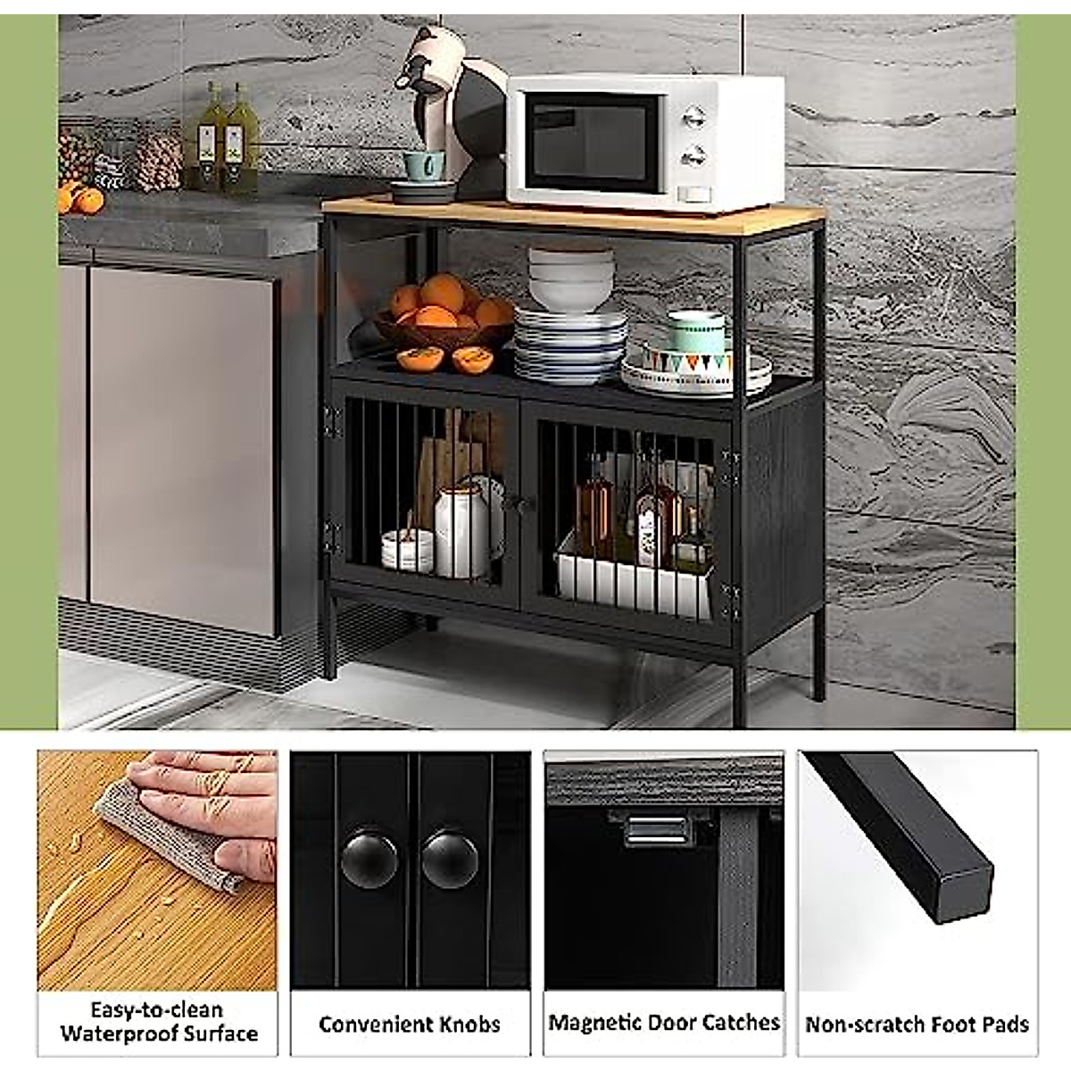 GLOBALWAY Buffet Storage Cabinet, Coffee Station Sideboard with Open Shelve & 2-Door Cabinet, Modern Metal Console Table for Home, Cafe, Natural and Black