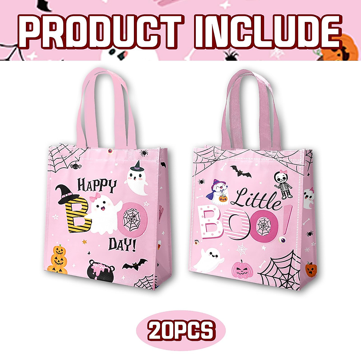 HABDJILTY 20PCS Pink Halloween Bags Little Boo Bags,Little Boo Non-woven Gift Bags with Handle Treat Bags for Halloween Party Kids Theme Birthday Baby Shower Party Favors.