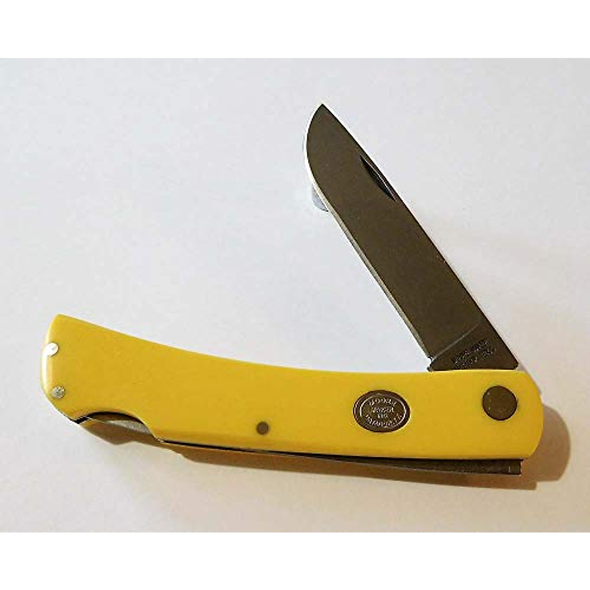 Moore Maker 3103LB Yellow Delrin 1 Blade Sodbuster Lockback. Leather Sheath