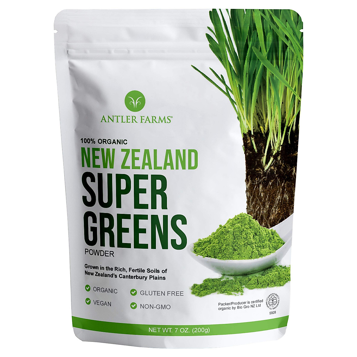 Antler Farms - 100% Pure Organic New Zealand Super Greens Powder, 40 Servings, 200g - Wheat Grass, Barley Grass, Chlorella, Spirulina - Vegan, Gluten Free, Chlorophyll Rich, for Energy and Detox