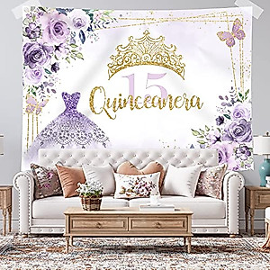 Rsuuinu Quinceañera 15th Birthday Backdrop Purple Floral Rose Gold Spots Photography Background Mexico Flower Fifteen Crown Princess Birthday Party Decorations Banner Supplies Photo Booth Props 7x5ft
