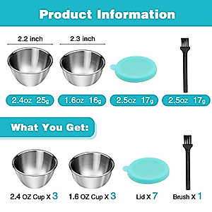 6 Pack Salad Dressing Container, 3 Pack 1.6 OZ+ 3 Pack 2.4 OZ Stainless Steel Reusable Leakproof Small Condiment Sauce Cups for Lunch Bento Boxes with 7pcs Silicone Lids and One Brush(Colorful)