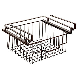 mDesign Compact Hanging Pullout Drawer Basket - Sliding Under Shelf Storage Organizer - Metal Wire - Attaches to Shelving - Easy Install - for Kitchen, Pantry, Cabinet - Bronze
