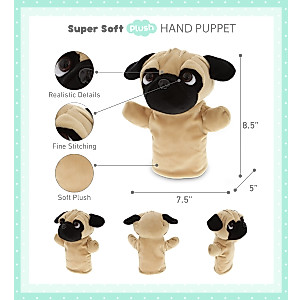 DolliBu Pug Dog Hand Puppet - Super Soft Plush Pug Stuffed Animal Hand Puppets for Kids, Cute Educational Pug Hand Puppets for Adults Teaching and Story Telling Puppet Show Theater Games - 8.5 Inches