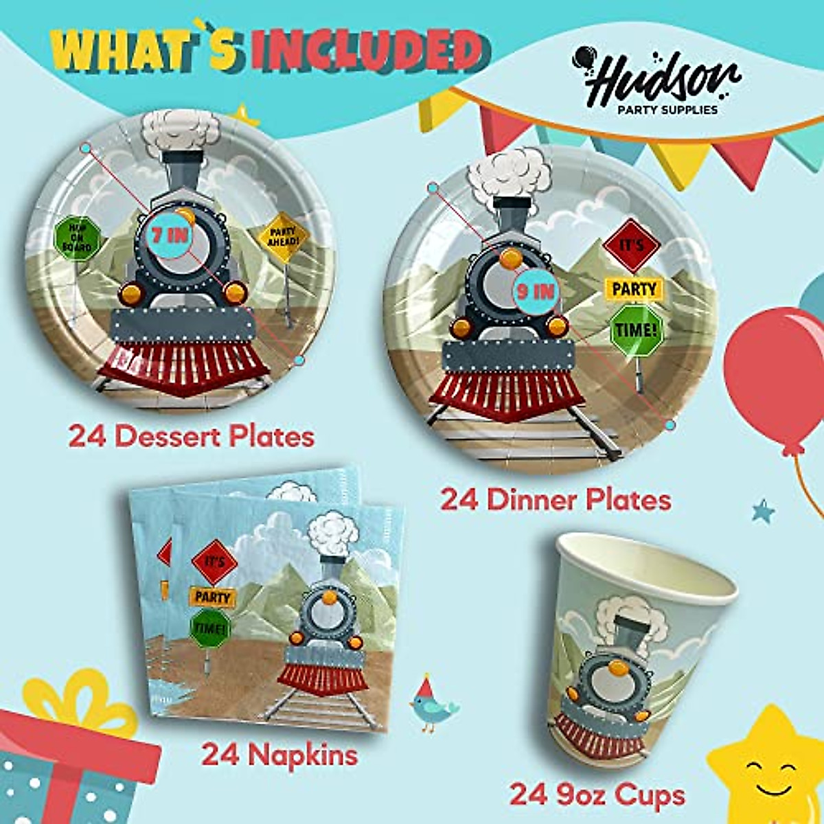 Train Birthday Party Supplies (Serves 24) Dinner Plates, Dessert Plates, Cups, Napkins. Train Baby Shower Decorations for Kids, Boys, Girls and More. Train Party Plates.