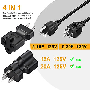 [2Pack] Four-in-One 4-in-1 15 Amp Household AC Plug to 20 Amp T Blade Adapter,5-15P to 5-20R,5-15P to 6-15R,5-15P to 6-20R, 4 in 1 AC Power Adapter,15A 125V to 20A 250V Adapter