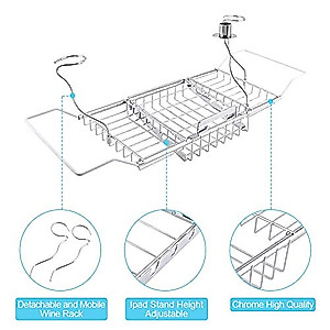 Bathtub Caddy Tray, Stainless Steel Shower Bathtub Caddy Storage Organizer Over Bathtub Racks Expandable Bath Organizer Tub Shelf with Extending Sides and Removable Wine Glass Book Holder