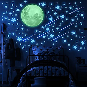 Glow in The Dark Stars and Moon for Ceiling, Luminous Stars and Moon Wall Decal, Wall Decor,Sticky Fluorescence Stars,Gift for boy and Girl Perfect for Kids Nursery Bedroom Living Room(Blue))