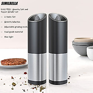 Gravity Electric Salt and Pepper Grinder Set Battery Operated,One Hand Operation Automatic salt and pepper grinder set,Electric Salt and Pepper Shakers with LED Light,Adjustable Coarseness(2 PCS)