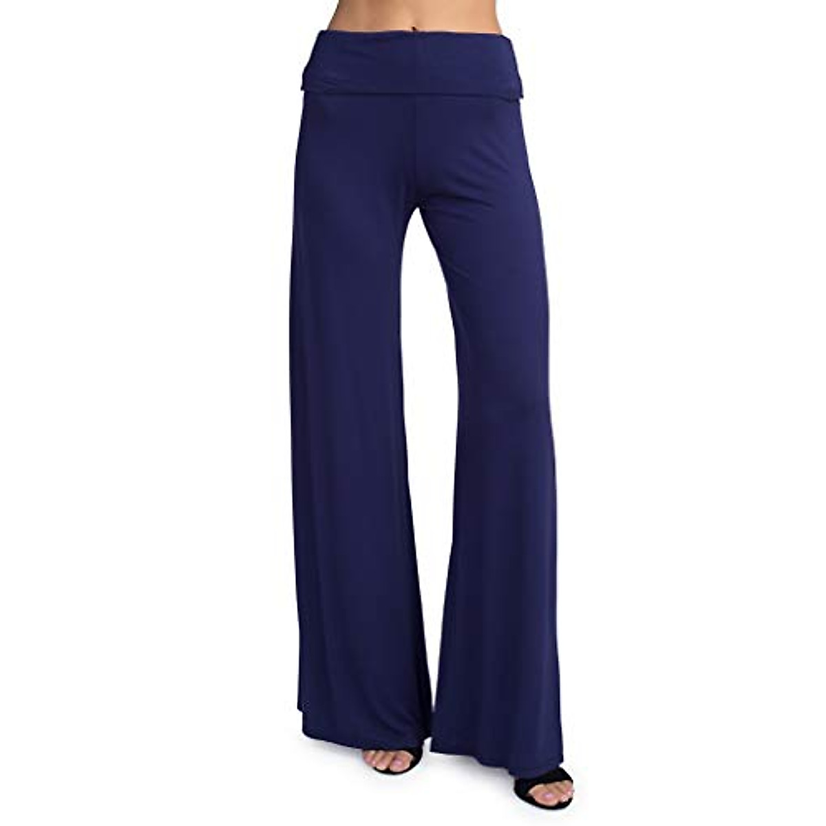 YELETE Women's Fashion Colorful Printed High Waist Fold Over Wide Leg Palazzo Pants (Large, Navy)