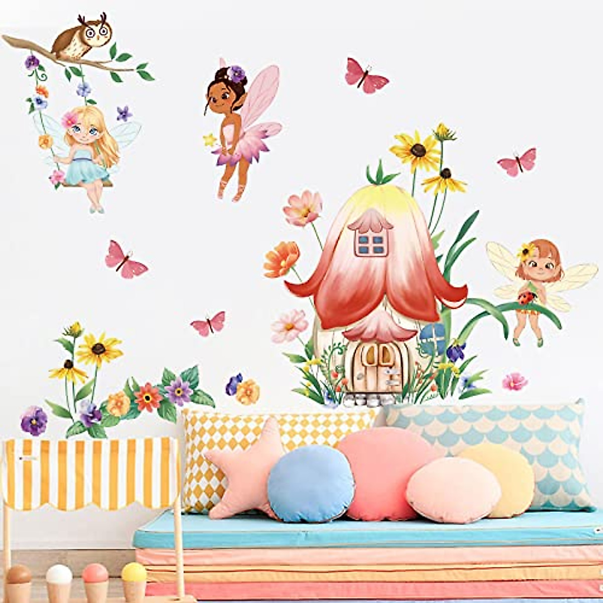 decalmile Fairy Mushroom Wall Stickers Butterfly Fairy Flowers Wall Decals Girls Bedroom Kids Room Baby Nursery Wall Decor