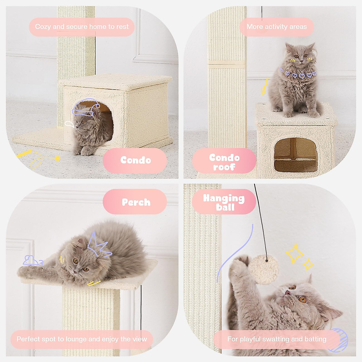 Small Cat Tree, 31 Inches Tall Cat Scratching Post with Perch & Condo, Natural Woven Sisal Cat Post Sctacher, Kitten Scratching Posts for Indoor Cats, Cat Scratch Tower with Fluffy Ball, Beige