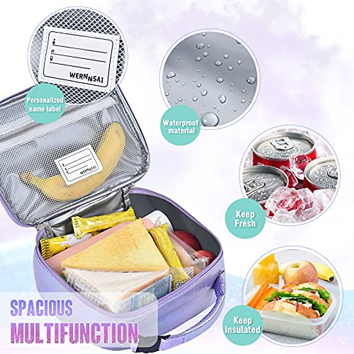 WERNNSAI Mermaid Lunch Box - Insulated Sequins Lunch Box for Girls Kids School Lunch Bag Preschool Kindergarten Elementary Picnic Thermal Lunch Tote Boxes with Handle Pocket and Bottle Pocket