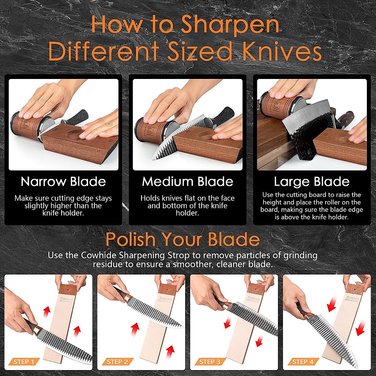 JUCPASH Rolling Knife Sharpener Kit for Straight Edge - Knife Sharpening with Leather Strop, Diamonds Discs and 15 & 20 Degree Magnetic Angles, Roller Knife Sharpener System for Kitchen Knives