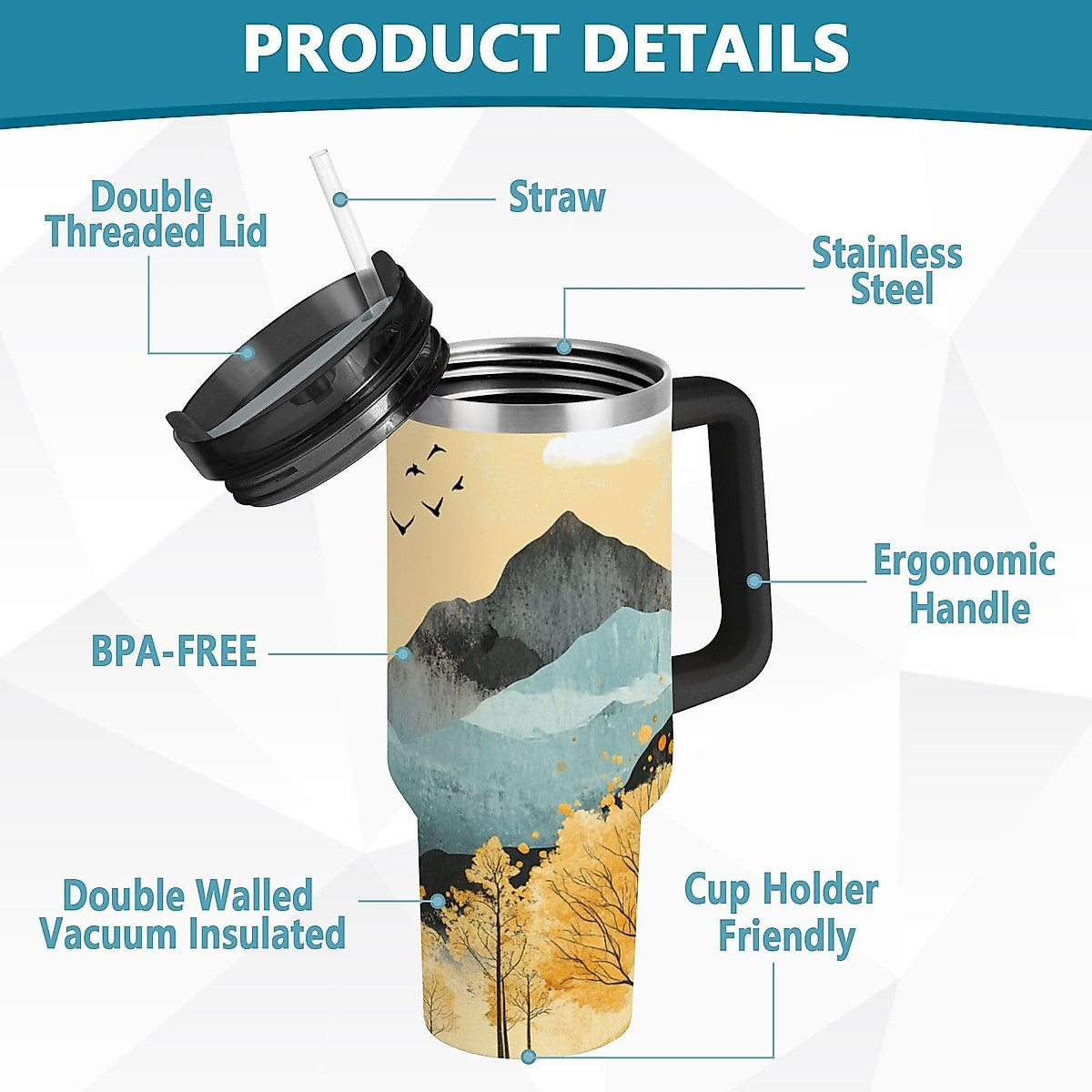 Selerdon 40 oz Tumbler Landscape Art with Handle and Straw Lid Vacuum Stainless Steel Insulated Water Bottle Travel Mug Car Cup Holder Friendly BPA Free for Gym Travel Office