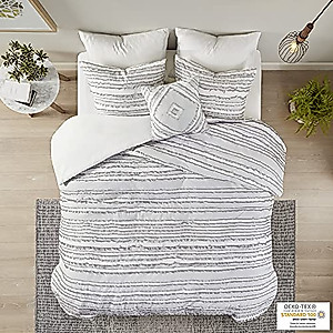 Urban Habitat Avery 100% Cotton Clipped Jacquard Duvet Casual Stripe Design, All Season Comforter Cover Modern Bedding Set with Matching Sham, Decorative Pillow, Full/Queen, Grey 5 Piece