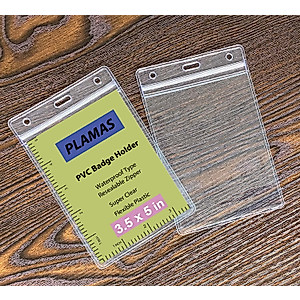 WTQ 100 PCS Waterproof ID Badge Holders (Large Size, Fit 3.5"x5" Inserts), Clear Plastic, Premium Quality, Heavy-Duty, Vertical Hanging Card Holder with Zipper, Durable Vinyl Nametag Holders