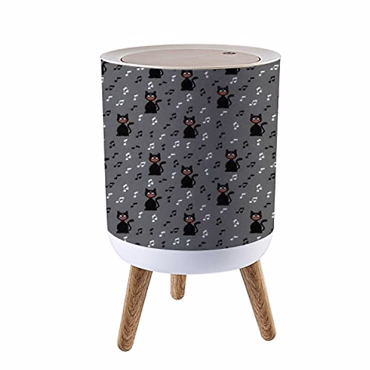 IBPNKFAZ89 Bathroom Trash Can with Lid Seamless with a Black Singing cat Surrounded by Notes on a Gray Small Garbage Bin Wood Waste Bin Press Cover Round Wastebasket for Bedroom Office Kitchen